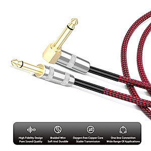YESPURE 10Ft Guitar Lead Cable,1/4 Straight to Right Angle Audio Instrument Cables for Electric Guitar, Bass Guitar,Electric Mandolin,Electric Bass,Pro Audio（10Ft/3M Red）
