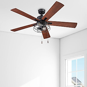 Prominence Home Marshall, 52 Inch Industrial Style LED Ceiling Fan with Light, Pull Chain, Three Mounting Options, Dual Finish Blades, Reversible Motor - Model 51457-01 (Matte Black)