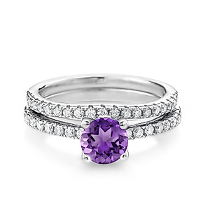 Gem Stone King 925 Sterling Silver Purple Amethyst and White Moissanite Wedding Engagement Band Bridal Set Ring For Women (1.49 Cttw, Gemstone February Birthstone, Available In Size 5, 6, 7, 8, 9)