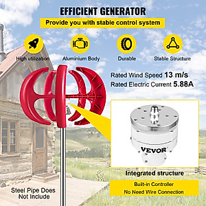 VEVOR Lantern Wind Turbine, 12V/100W Vertical Turbine Generator, 35'' Wheel Diameter Axis w/Monitoring Light/Built-in Controller for Terrace/Chalet/Fishing Boat/Motor Home Red
