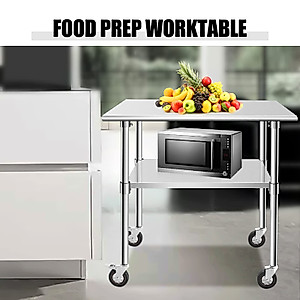 KODOM Food Prep Stainless Steel Table 36'' x 24'', Heavy Duty Workbench with Adjustable Under Shelf, Commercial Worktable with 4 Casters for Commerical Kitchen, Restaurant, Home and Hotel, Silver