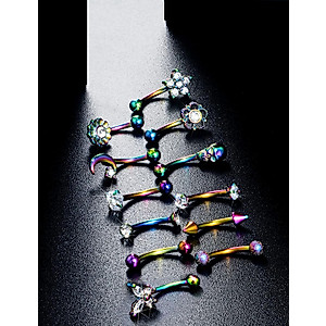 12Pcs 16G Rook Piercing Jewerlry Surgical Steel Eyebrow Piercing Jewelry Flower Crystal Heart CZ Moon Shape Eyebrow Rings Snake Eyes Rook Earrings for Women Men Tongue Retainer,Purple curved Barbell