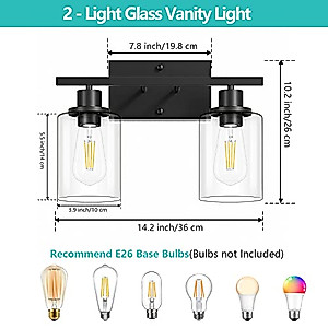 2-Light Black Bathroom Light Fixture, Vanity Light Over Mirror with Clear Glass Shade, Modern Black Sconce Wall Lighting with Metal Base, Farmhouse Wall Mount Lamp for Bathroom, Living Room, Bedroom