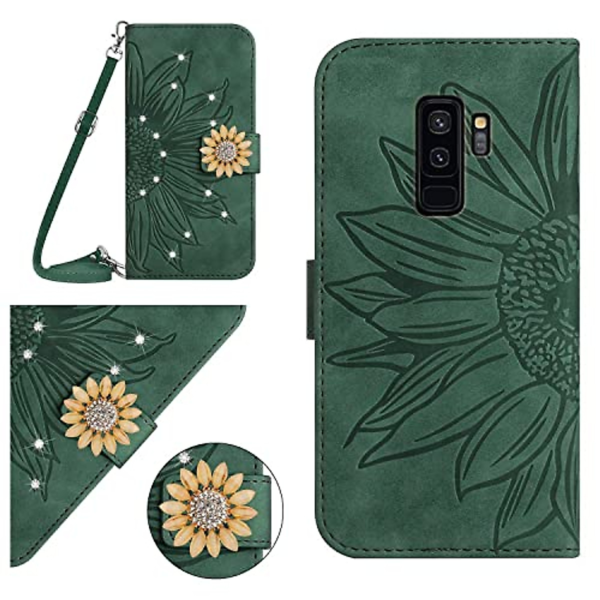 ONV Wallet Case Compatible with Samsung Galaxy S9 Plus - 1.5M Strap Glitter Shinny Sunflower Flip Leather Case Card Slot Shockproof Kickstand Magnetic Cover for Samsung Galaxy S9 Plus [HT] -Green-T