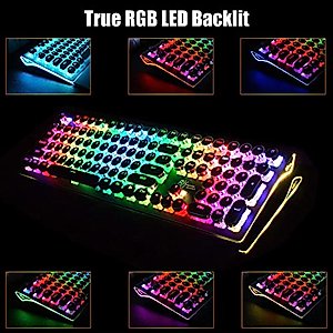 RK ROYAL KLUDGE S108 Typewriter Style Retro Mechanical Gaming Keyboard Wired with True RGB Backlit Collapsible Wrist Rest 108-Key Blue Switches Round Keycap - Black