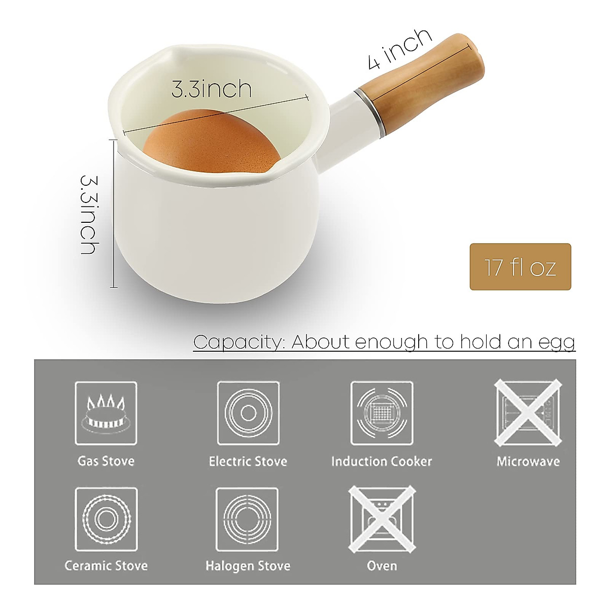 FARCADY 0.6qt Mini Enamel Milk Pot Insulated Wooden Handle 2 Pour Spouts Small Food Warmer Cute Saucepan(D015,White)