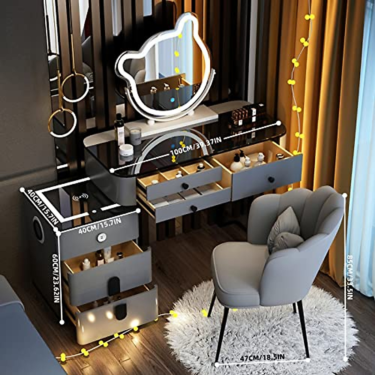 ZGNBSD Vanity Desk - Makeup Vanity with Bluetooth Speaker and Wireless Charging Station, Includes Cute Vanity Mirror and Seat, Vanity with 5 Drawers, Solid Wood, for Her (Grey)