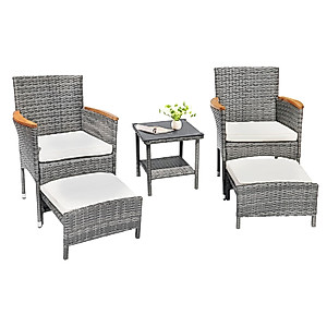 5 Piece Outdoor Patio Furniture Set with Table&Ottoman Outdoor Furniture Patio Set Bistro Wicker Patio Set of 2 Outside Lawn Chairs Conversation Sets for Porch Balcony Deck(Gray Wicker&Beige Cushion)