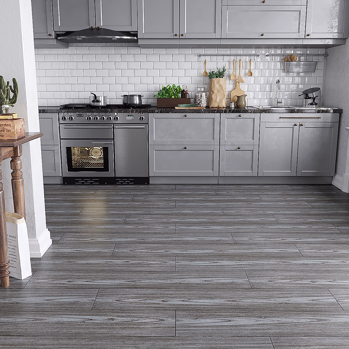 VEELIKE Grey Oak Wood Vinyl Plank Flooring Peel and Stick Waterproof Wood Grain Vinyl Floor Tiles 6''x36'' Self Adhesive Grey Laminate Tile Flooring for Bathroom Kitchen Bedroom RV (4-Pack, 6 Sq. Ft.)