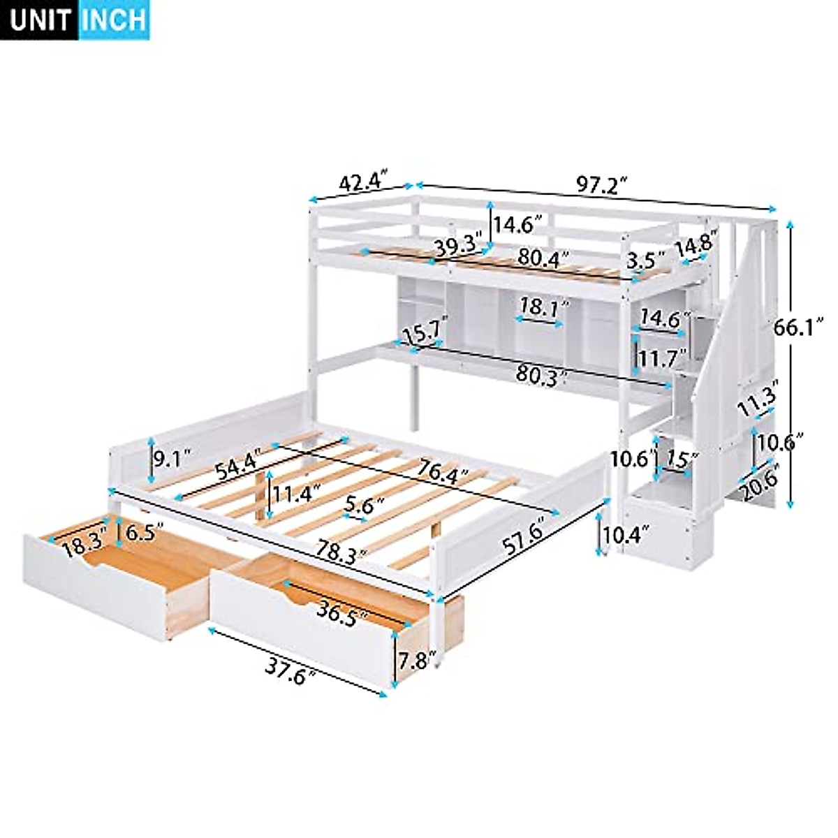 DEYOBED Twin Over Full Wooden Bunk Bed with Storage Shelves Drawers and Staircase for Kids Teens Adults
