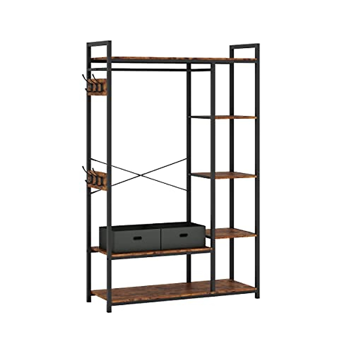 Free Standing Closet Organizer with Storage Box & Side Hook, Portable Garment Rack with 6 Heavy Duty Shelves and Hanging Rod, Black Metal Frame Hanging Closet Shelves - Rustic Brown