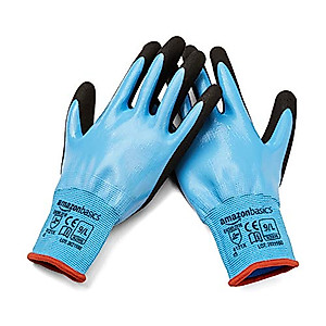 Amazon Basics 15 gauge polyester nitrile fully coated, sandy nitrile palm coated outer Size 9,L, 2-pair, Blue