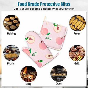Mxocom Pink Peach Silicone Oven Mitts and Pot Holders Sets Hand Drawn Fruits on Pink Striped Background BBQ Gloves for Kitchen,Cooking,Baking,Grilling