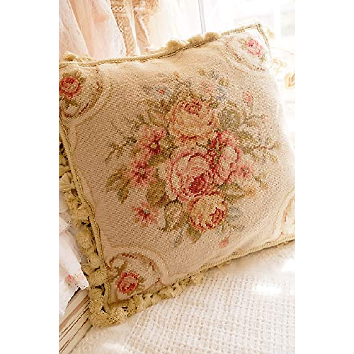 Fine Home Crafts 16" Shabby Chic Victorian Hand Crafted Vintage Rose Needlepoint Pillow Cushion Cover