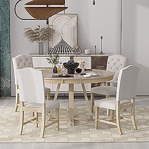 KoiHome Retro Functional Round 16" W Leaf, 4 Upholstered Family Dinner Room, 5pc Farmhouse Kitchen Chairs for 4 (Natural), 5 Piece Extendable Dining Table Set