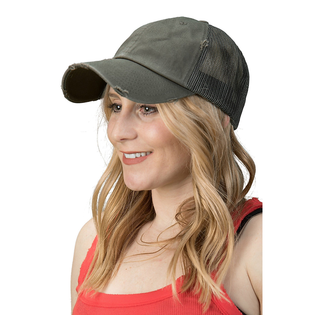 Funky Junque Distressed Trucker Dad Hat - Olive