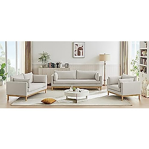 Meridian Furniture 157Beige-S Langham Collection Mid-Century Modern Linen Textured Fabric Upholstered Sofa, Beige Linen Textured Fabric, Natural Finish Wood Base, 89.5" W x 33.5" D x 33" H, Beige