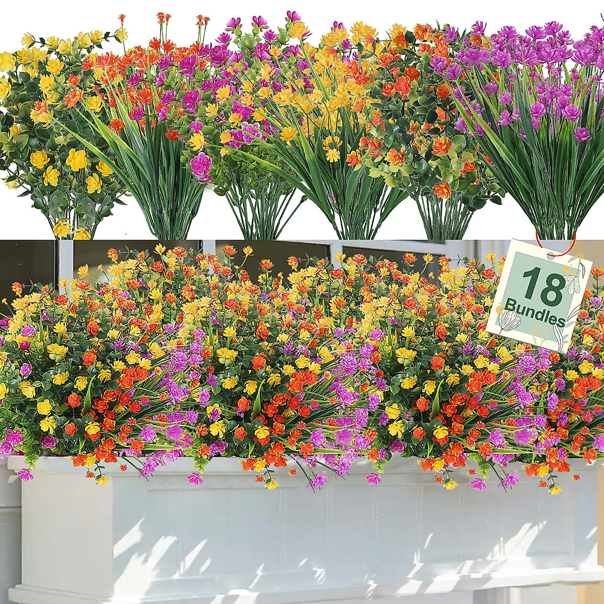 HOGADO Artificial Greenery Stems 4pcs Fake Plants Outdoor UV Resistant Faux Eucalyptus Branches for Home Garden Proch Window Box Decor Green