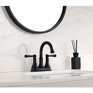 TimeArrow Matte Black 2 Handle Centerset Bathroom Sink Faucet 3 Holes with Drain Assembly, High Arc Modern 4 Inch Bathroom Vanity Lavatory Faucet with Brass 360° Swivel Spout, TAF067Y-MB