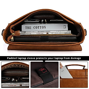 Leather Mens Messenger Bag Vintage 15.6 Inch Waterproof Leather Laptop Briefcase Large Satchel Shoulder Bag Retro Office College Computer Laptop Bag with Leather Padfolio, Brown