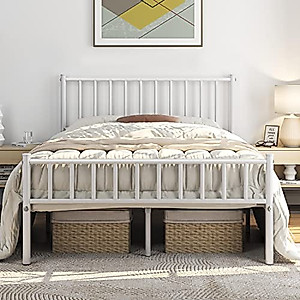 Yaheetech 14 Inch Full Size Bed Frame Metal Platform Bed with Spindle Headboard Footboard/Mattress Foundation/No Box Spring Needed/Underbed Storage Space/Steel Slat Support/Easy Set up, White