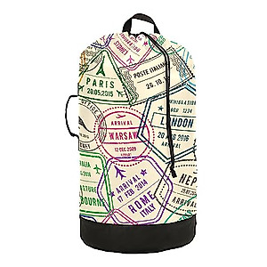 Travel Stamps Visa Nylon Travel Laundry Bag for Luggage Dirty Heavy Duty Dirty Clothes Organizer with Drawstring Closure & Shoulder Straps Laundry Hamper Liner for Apartment College Dorm Factories