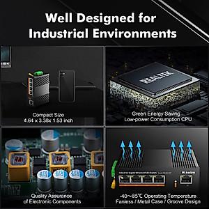 MokerLink 5 Port PoE Gigabit Industrial DIN-Rail Ethernet Switch, 14Gbps Switching Capacity, IP40 Rated Network Switch (-40 to 185°F), with UL Power Supply