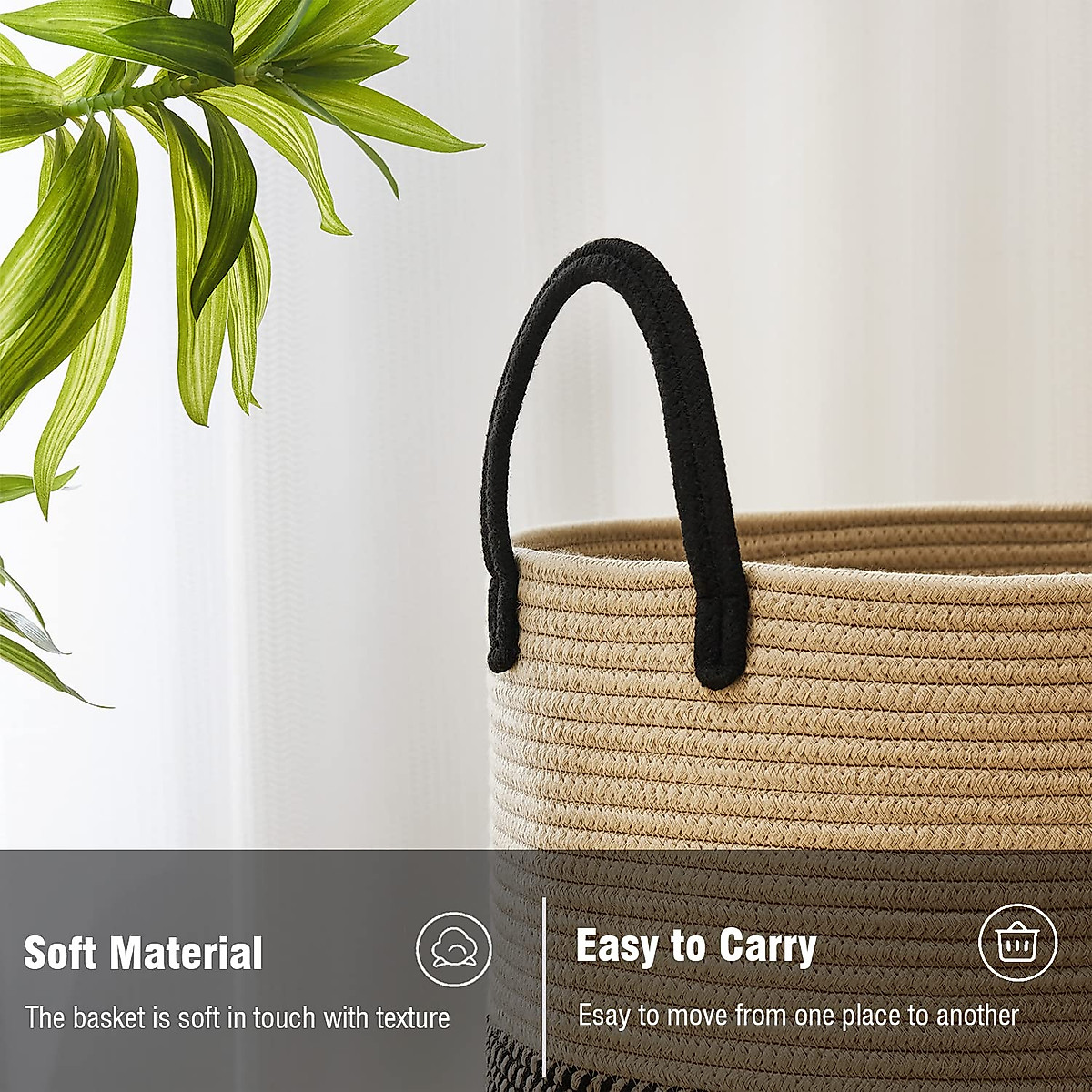 Black Woven Rope Laundry Basket by TECHMILLY, 58L Baby Nursery Hamper for Clothes Blanket Storage, Large Tall Laundry Hamper for College Dorm, Bedroom, Living Room