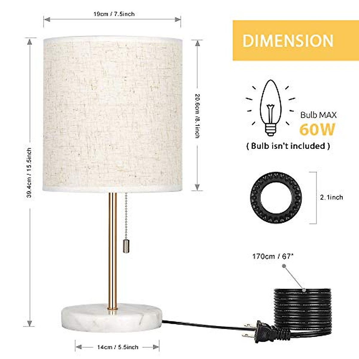 HAITRAL Bedside Table Lamp - Small Nightstand Lamp with Marble Base, Lamp for Bedroom, Office, Girls Room - Gold