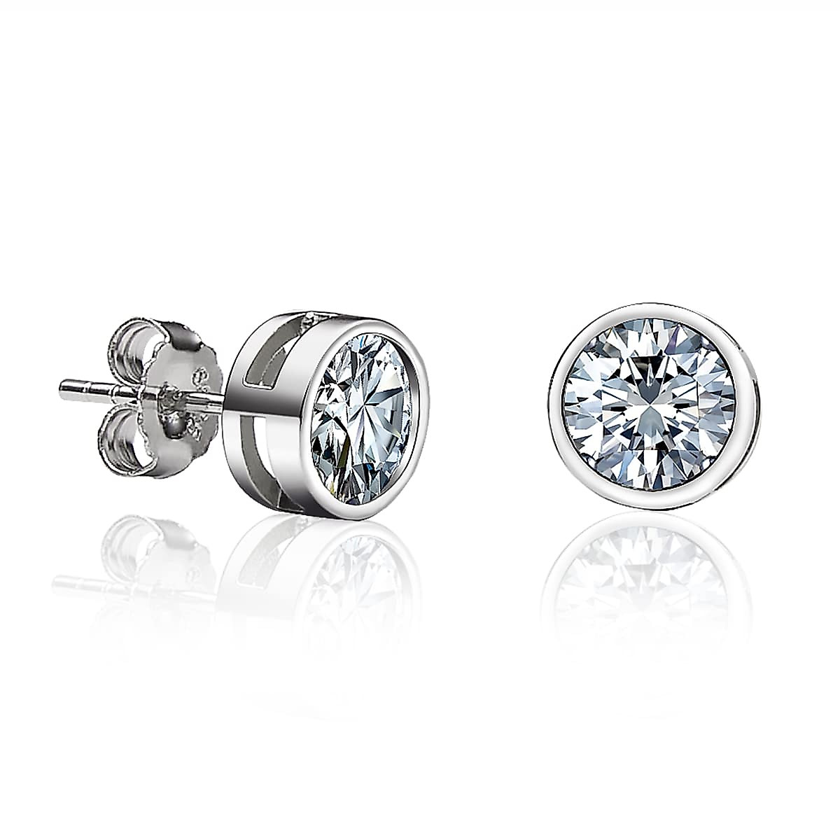 CivetCat Moissanite Bezel Setting Earrings Stud Set for Men Women Rhodium Plated 925 Sterling Silver Friction Back 6.5mm 1 carat D color VVS Brilliant Colorless
