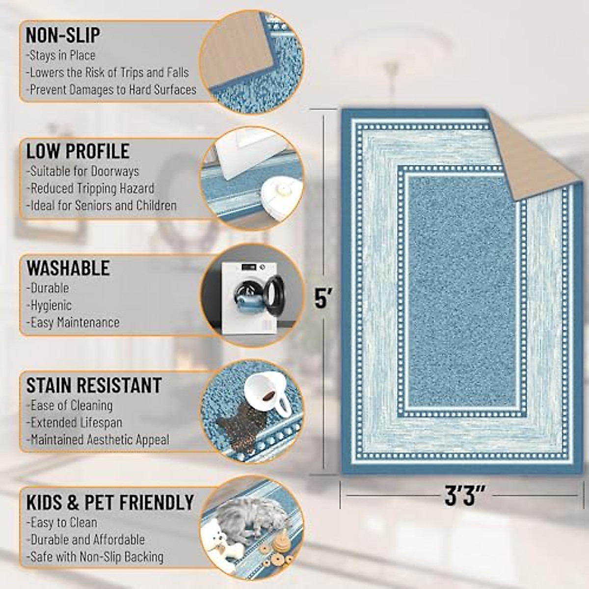 Ottomanson Ottohome Non-Slip Rubberback Bordered Design 3x5 Indoor Area Rug, 3'3" x 5', Turquoise