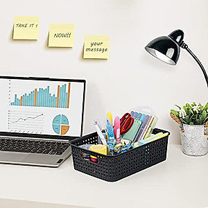 [ 12 Pack ] Plastic Storage Baskets - Small Pantry Organization and Storage Bins - Household Organizers for Laundry Room, Bathrooms, Kitchens, Cabinets, Countertop, Under Sink or On Shelves - Black