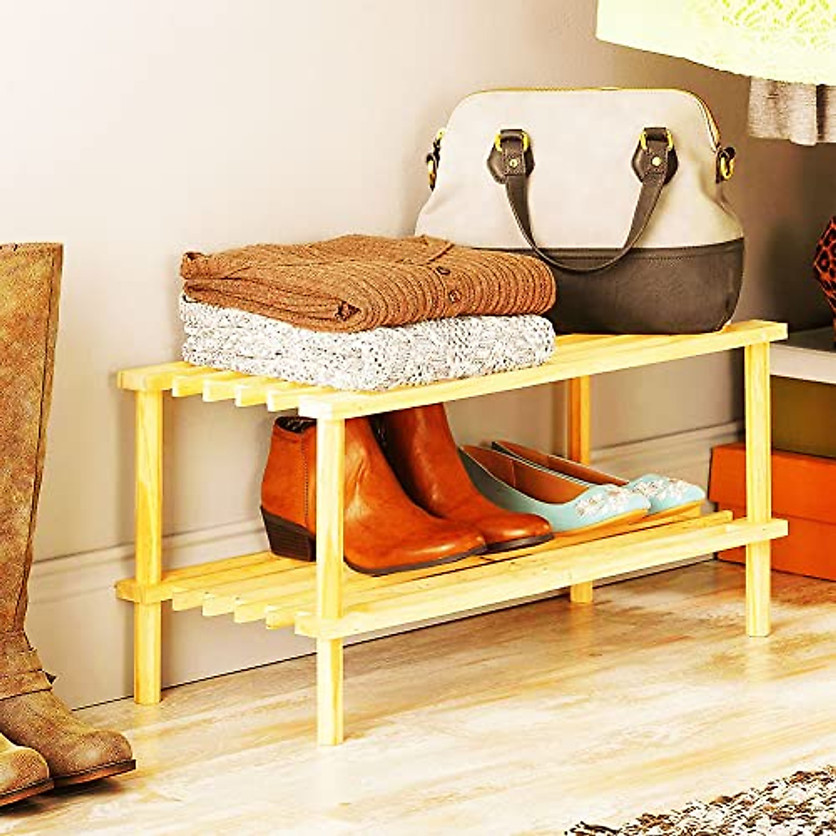 2-Tier Stackable Wood Panel Shoes Rack, Natural shoe rack storage organizer