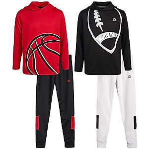 RBX Boys' Sweatsuit Set – 4 Piece Thermal Sports Hoodie and Tricot Jogger Pants (8-12), Size 10, Red Basketball/Black Football