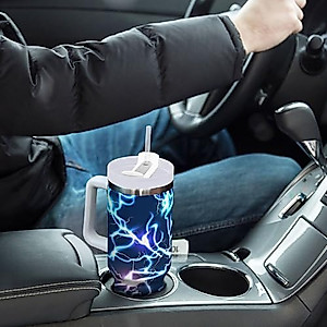 Exnundod 40 oz Tumbler with Handle Abstract Blue Lightning Insulated Stainless Steel Cup with Lid and Straw Travel Cup Leak-proof Fits in Car Cup Holder for Iced & Hot