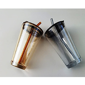 RYUHYF Straw cup, coffee cup, glass with straw and lid, double drink cup, milk cup, tea cup, ice coffee cup, car cup,set of 1 (16oz, Amber)