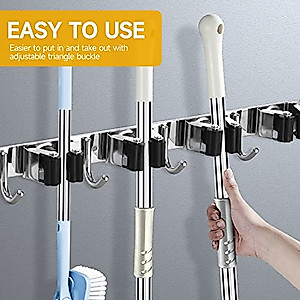 Kozci Mop and Broom Holder Wall Mount, Non-Slip Broom Organizer Wall Mount Self Adhesive Broom Hanger with 5 Racks 4 Hooks Stainless Steel Tools Rack Broom Storage Organizer for Kitchen Garden Garage