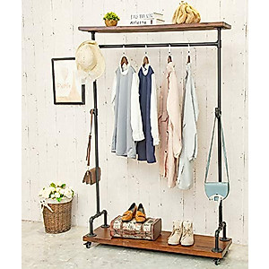 DOFURNILIM Industrial Pipe Clothing Racks, Rolling Garment Racks, Hall Tree on Lockable Wheels with Shelves and Shoes Storage, Heavy Duty Clothes Rack (two tiers garment rack)