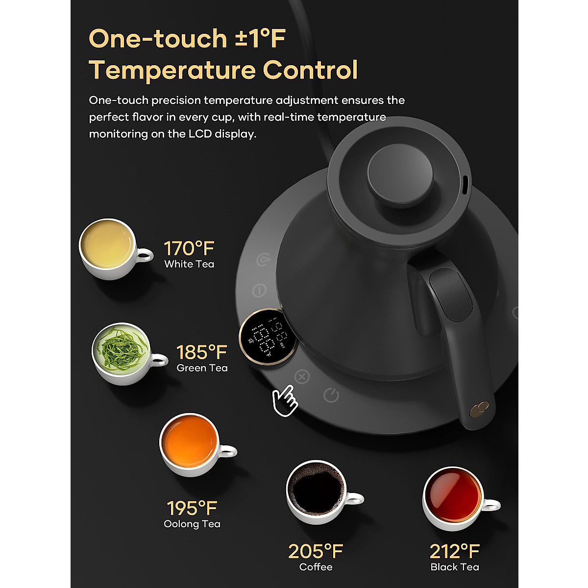 Cocinare Gooseneck Electric Kettle with Temperature Control, Pour Over Coffee & Tea, Retro Vintage Style 1200W for 180-sec Quick Boil Time, Stainless Steel Kettle Water Boiler, 30oz/0.9L (Dark Grey)