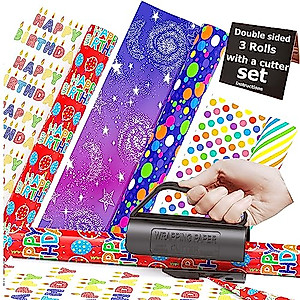 THMORT Birthday Wrapping Paper Roll with a Cutter Kit for Boys&Girls,Adults,Kids, Double Sided Gradient Mini Rolls 17 Inch X 120 Inch Galaxy Wrapping Paper Gift Wrap Roll Colorful Happy Birthday Lettering.