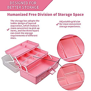 TERGOO 12in Three-Layer Multipurpose Storage Box Organizer Folding Tool Box/Art & Crafts Case/Sewing Supplies Organizer/Medicine Box/Family First Aid Box with 2 Trays (Pink)