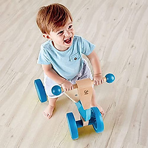 Hape Scoot Around Toddlers Babies Kids Ride On Wooden Push Balance Bike Scooter Toy Indoor Outdoor Activity No Pedals with 4 Rubberized Wheels, Blue