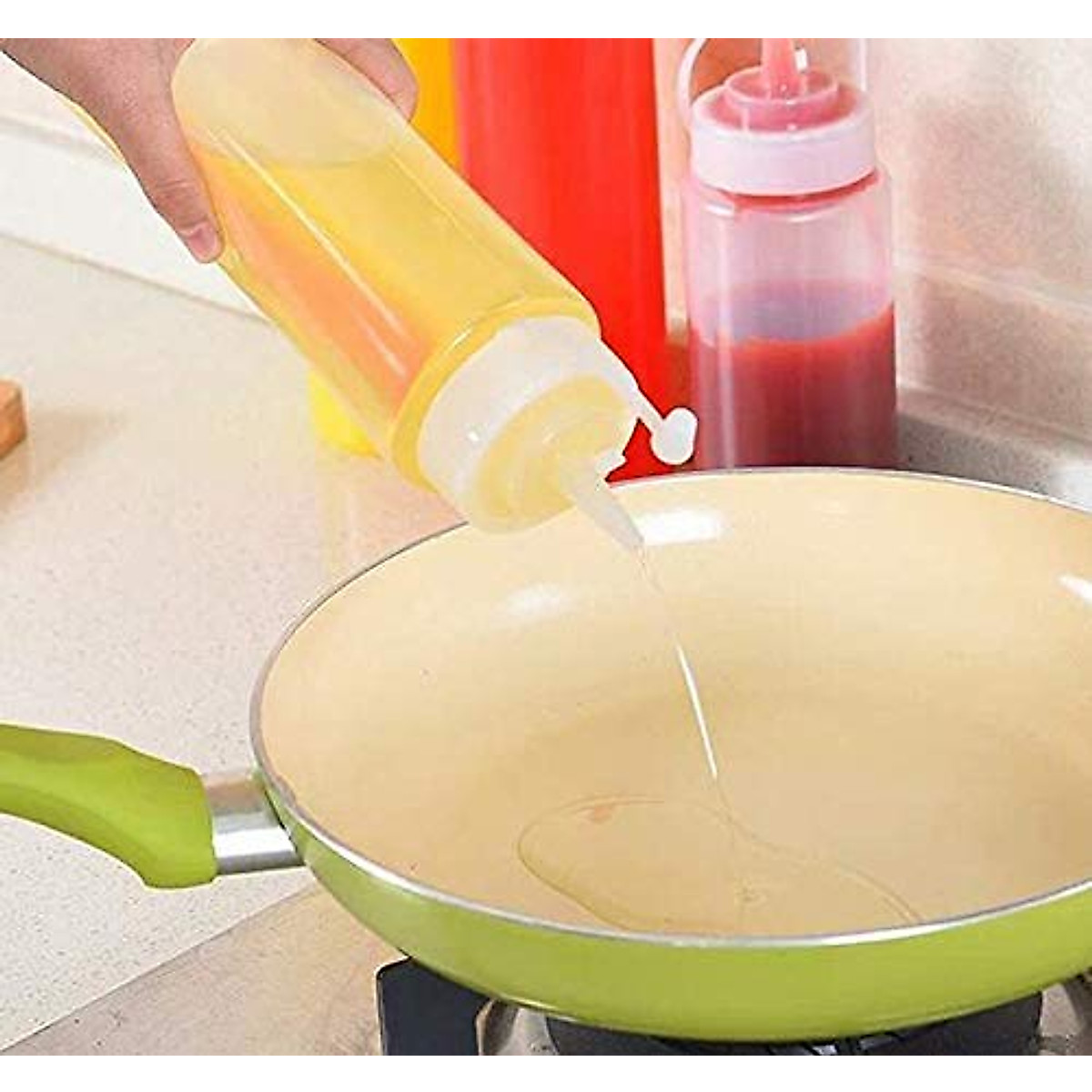 Bekith 12 pack 16 Oz Wide Mouth Plastic Squeeze Condiment Bottles with Twist On Cap Lids and Discrete Measurements, Empty Squirt Bottle For Sauce, Ketchup, Paint