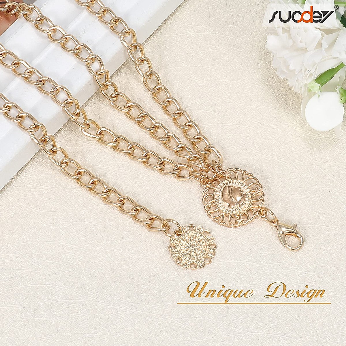 SUOSDEY Multilayer Chain Belts for Women Adjustable Metal Waist Chain Belt Fashion Belt for Pants Dresses, Gold