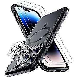 Temdan Magnetic for iPhone 14 Pro Case,[Compatible with MagSafe][Glass Screen Protector+Camera Lens Protector] Non-Slip Full-Body Shockproof Phone Case-Black
