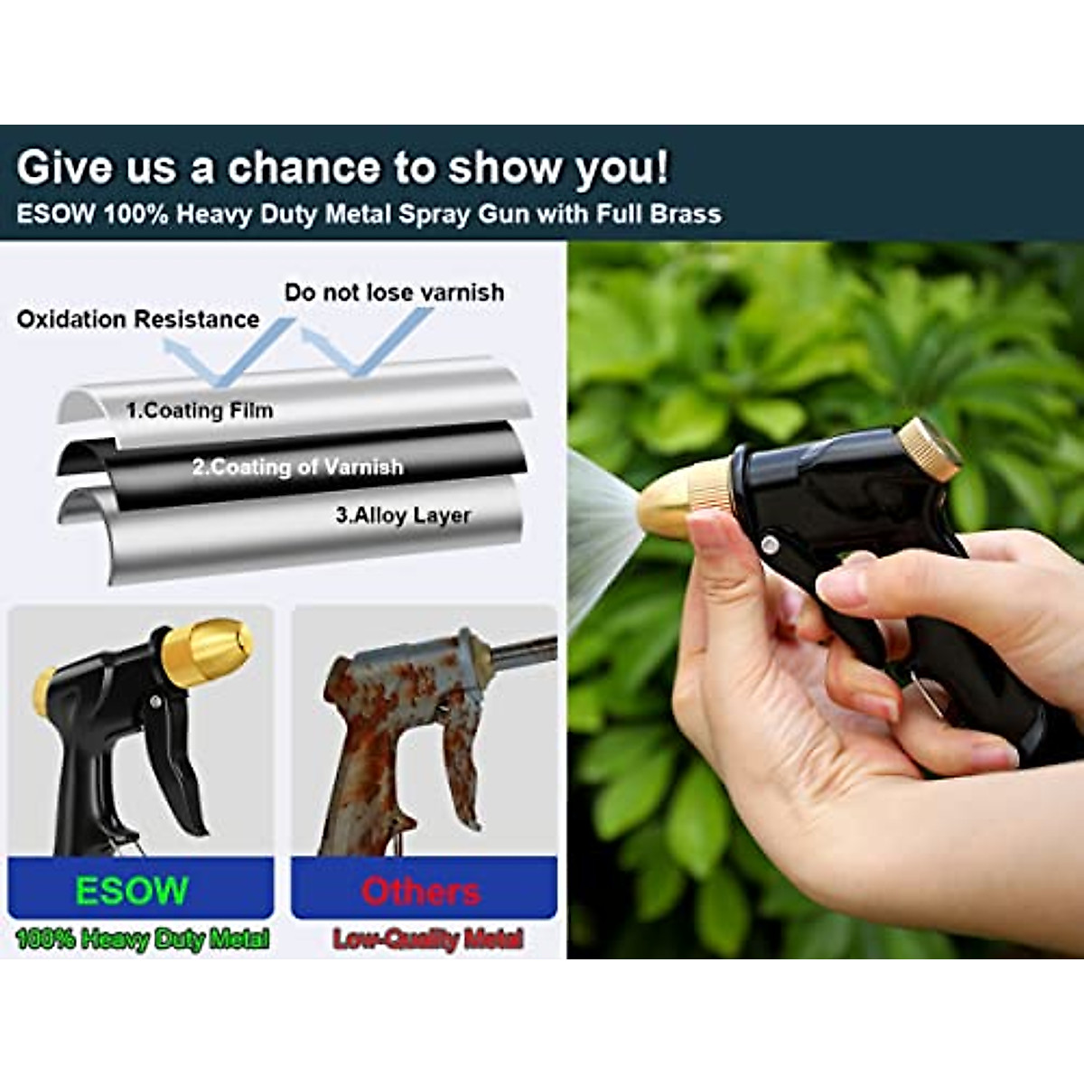 ESOW Garden Hose Nozzle, 100% Heavy Duty Metal Spray Gun with Full Brass Nozzle, High Pressure Watering Nozzle, Adjustable Spray Water Flow for Watering Plants, Showering Pet, Washing Car, Cleaning