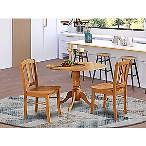 East West Furniture Dublin 3 Piece Set for Small Spaces Contains a Round Dining Room Table with Dropleaf and 2 Wood Seat Chairs, 42x42 Inch, Oak