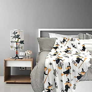 Halloween Throw Blanket: Cute Girl Witch with Faithful Cat Surrounded by Spiders and Bats Print on Fuzzy Soft Velvet Fleece Throw Blanket