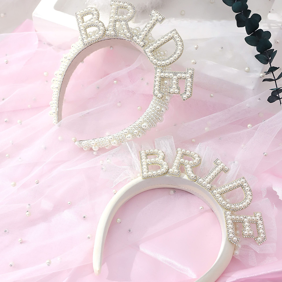 Agkvw Pearl Bride Headband - Bachelorette Party Decorations, Bridal Veil Hairband for Bride-to-Be