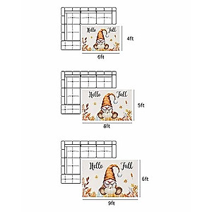 Hello Fall Gnomes Outdoor Rug for Patio/Deck/Porch, Non-Slip Large Area Rug 6 x 9 Ft, Thanksgiving Pumpkin Maple Leaf Indoor Outdoor Rugs Washable Area Rugs, Reversible Camping Rug Carpet Runner